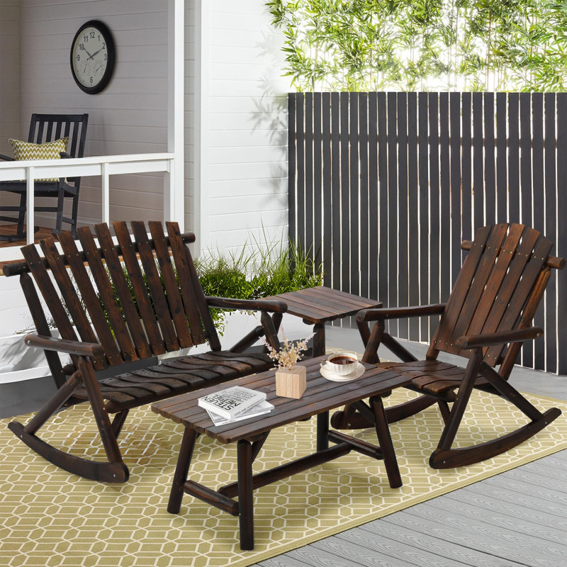 Beachcrest Home 4 Piece Outdoor Wood Rocking Bistro Set Adirondack Rocker Chair Set With Rocking Bench Log Rocker And 2 Coffee Tables Patio Wooden Furniture Set High Fanned Back Slatted Seat Wayfair
